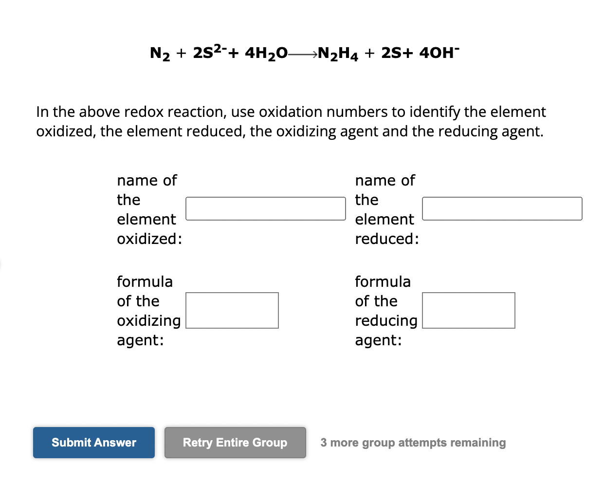 Solved N2+2 S2−+4H2O N2H4+2 S+4OH− In the above redox | Chegg.com