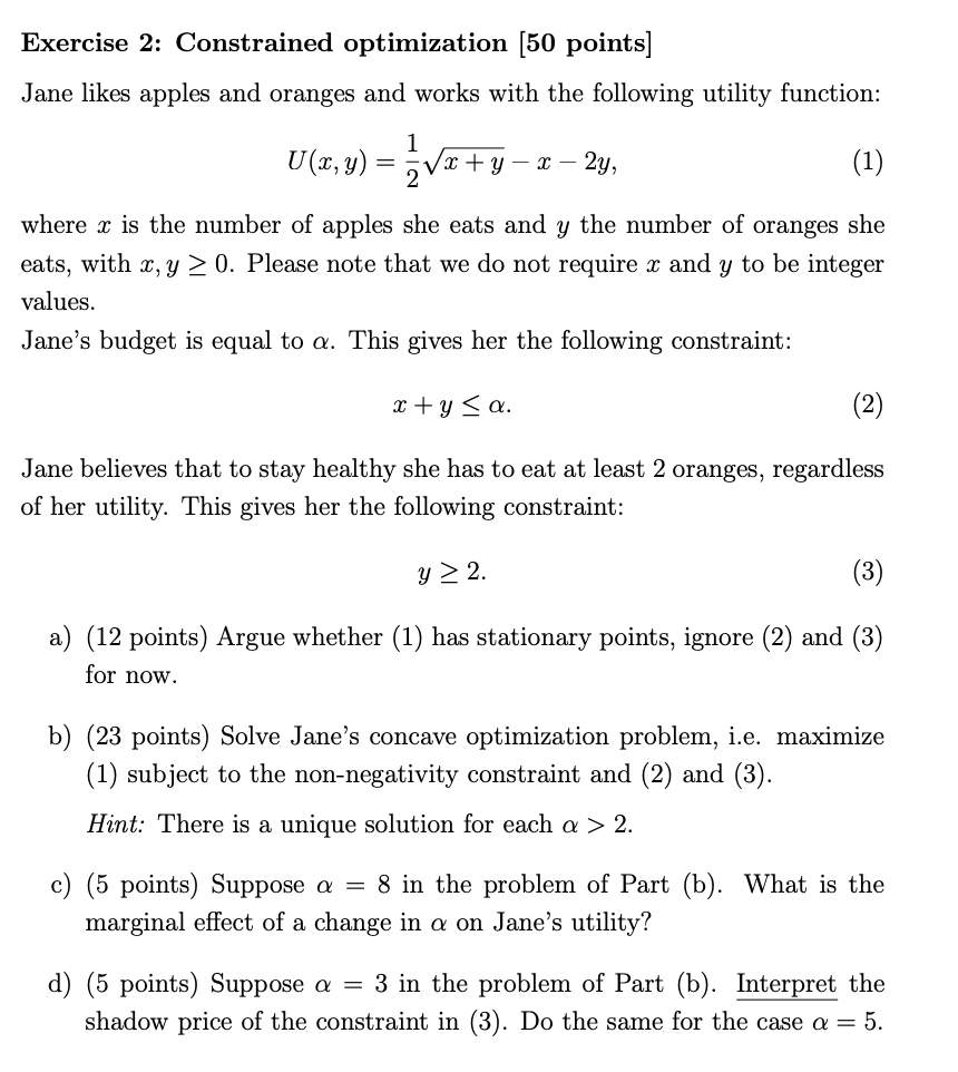 Solved Exercise 2: Constrained optimization [50 ﻿points]Jane | Chegg.com