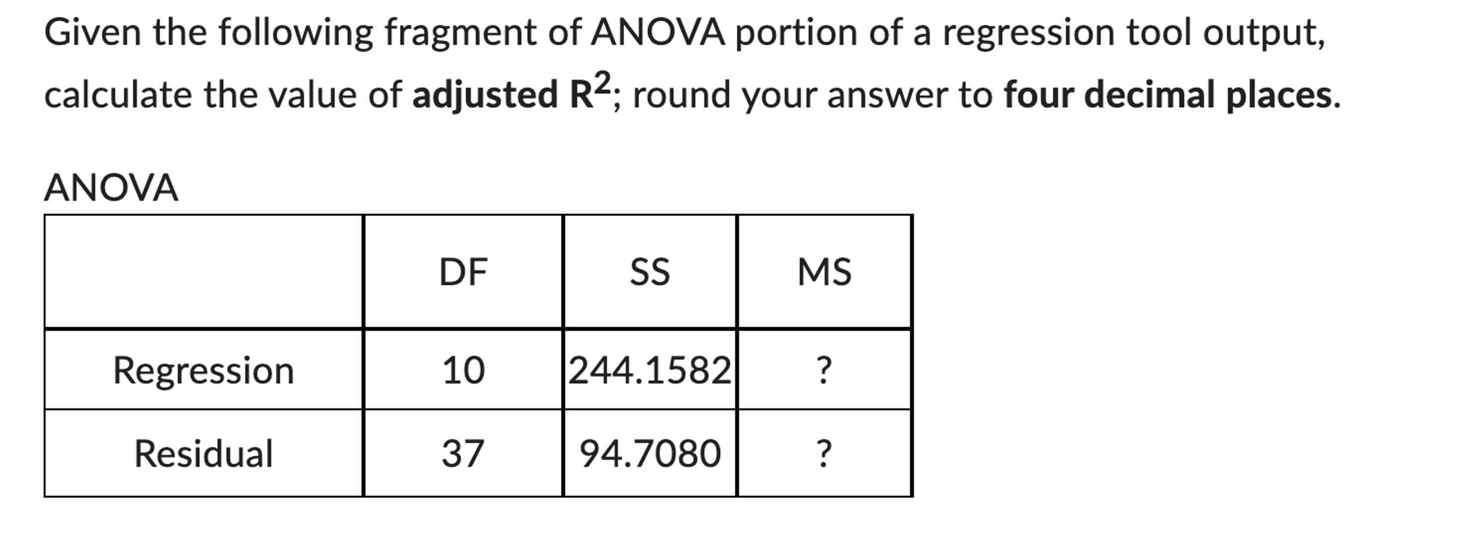 Solved Given the following fragment of ANOVA portion of a | Chegg.com