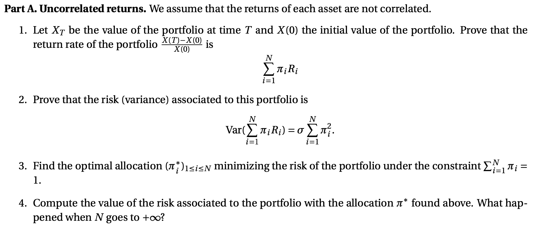 Part A. Uncorrelated returns. We assume that the | Chegg.com