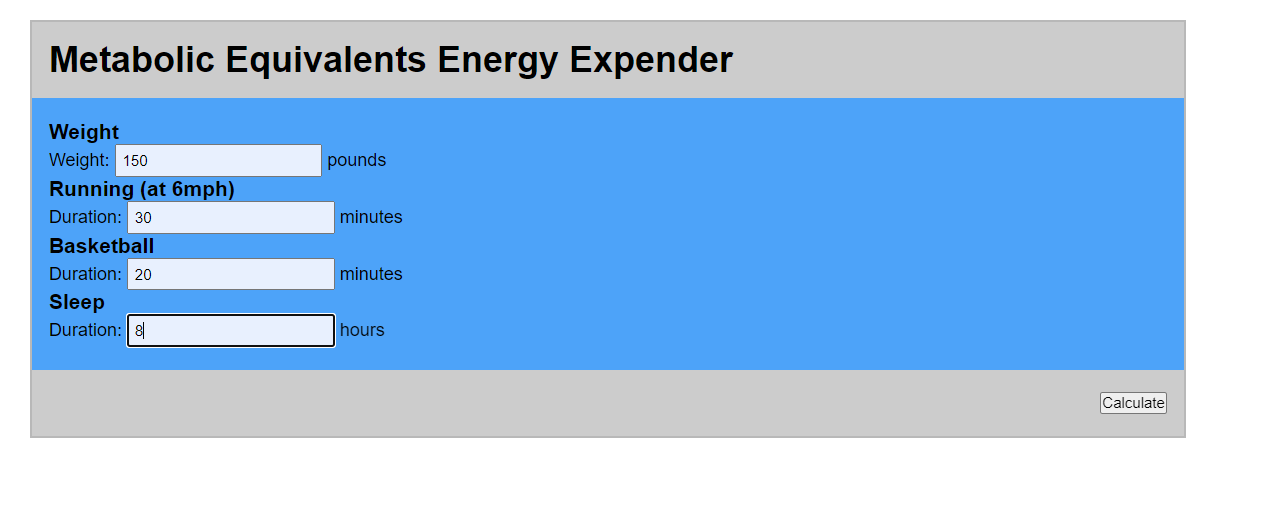 Solved Metabolic Equivalents Energy Expender Weight Weight: | Chegg.com