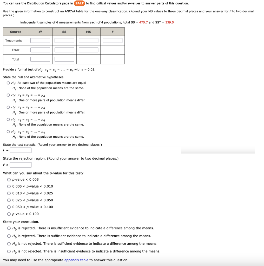 Solved You can use the Distribution Calculators page in SALT | Chegg.com