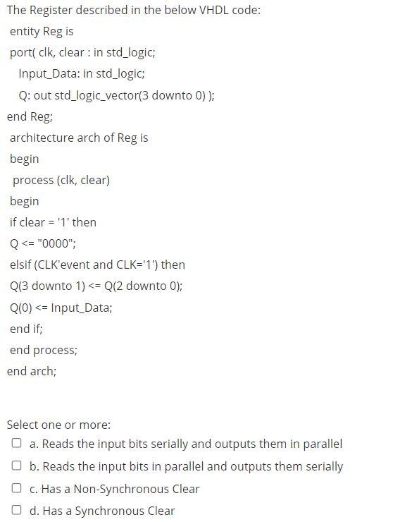 Solved The Register described in the below VHDL code: entity | Chegg.com
