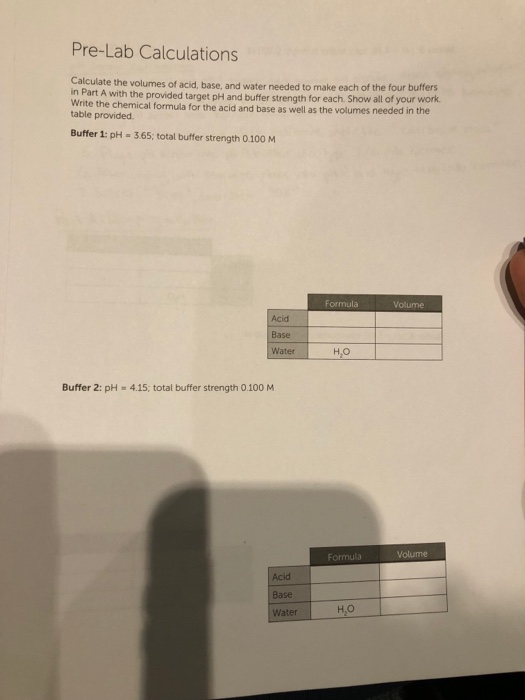 Solved Pre-Lab Calculations Calculate the volumes of acid, | Chegg.com