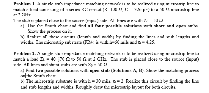 Problem 1. A single stub impedance matching network | Chegg.com
