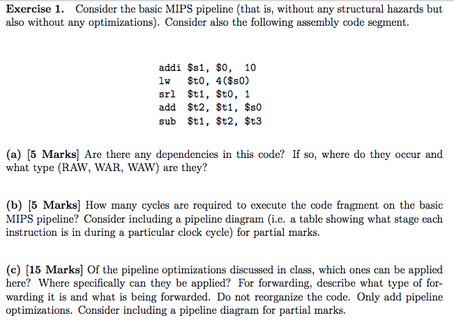 Exercise 1. Consider the basic MIPS pipeline (that | Chegg.com