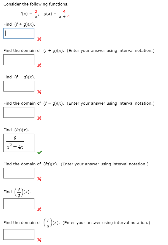 Solved Consider the following functions. 4 x X + 4 Find (f + | Chegg.com