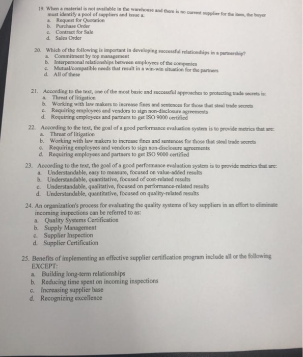 Solved 19. When a material is not available in the warehouse | Chegg.com