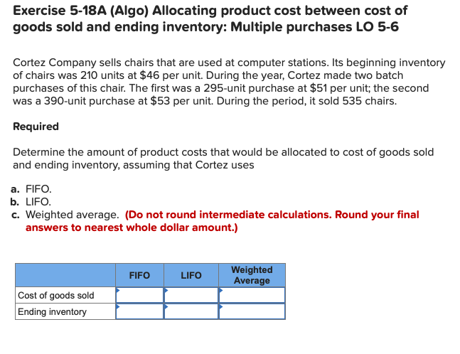 Solved Exercise 5-18A (Algo) Allocating product cost between | Chegg.com