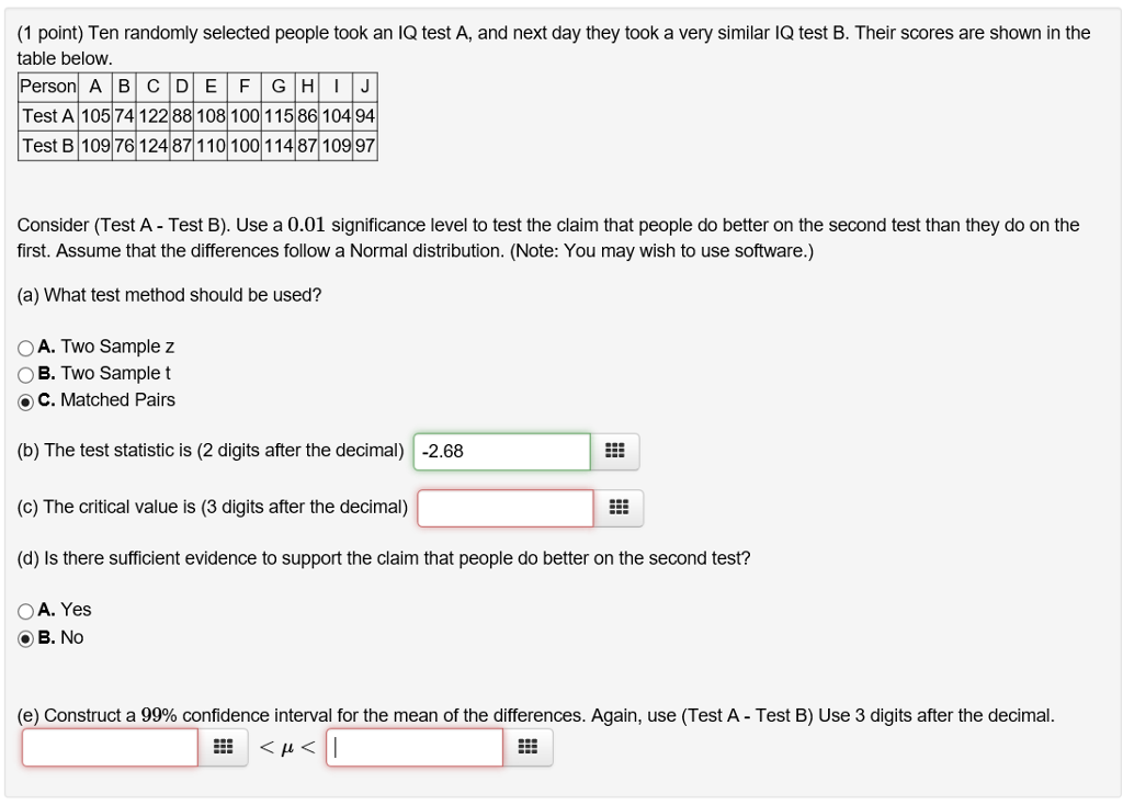 Solved (1 point) Ten randomly selected people took an IQ | Chegg.com