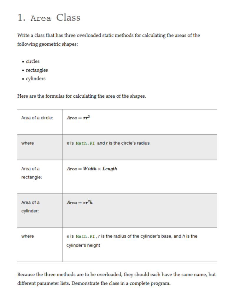 Solved 1 Area Class Write Class Three Overloaded Static Methods Calculating Areas Following