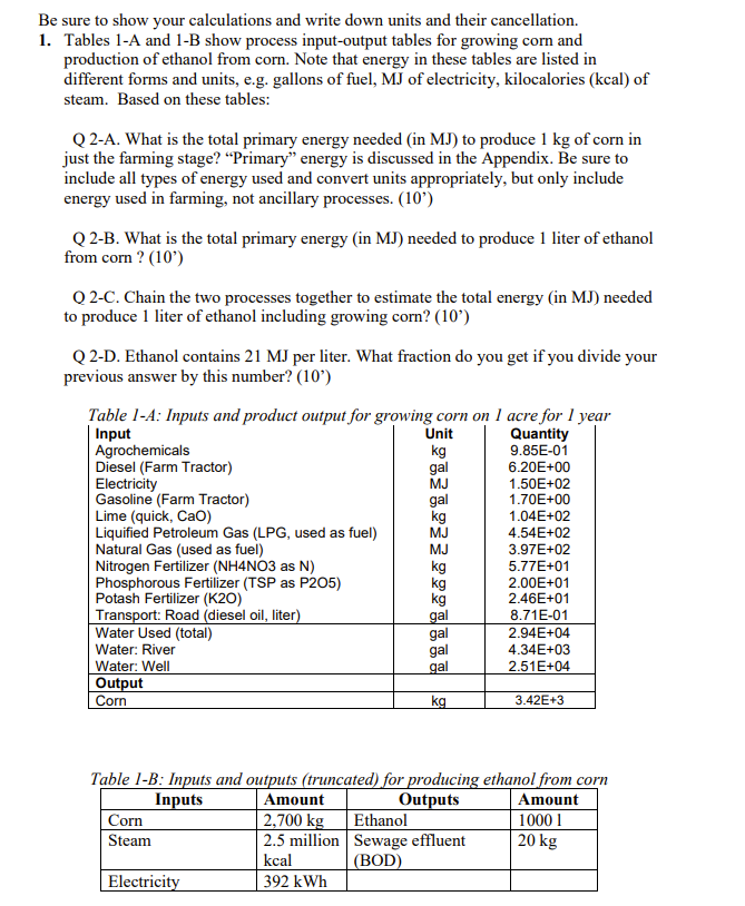 Solved Be sure to show your calculations and write down | Chegg.com