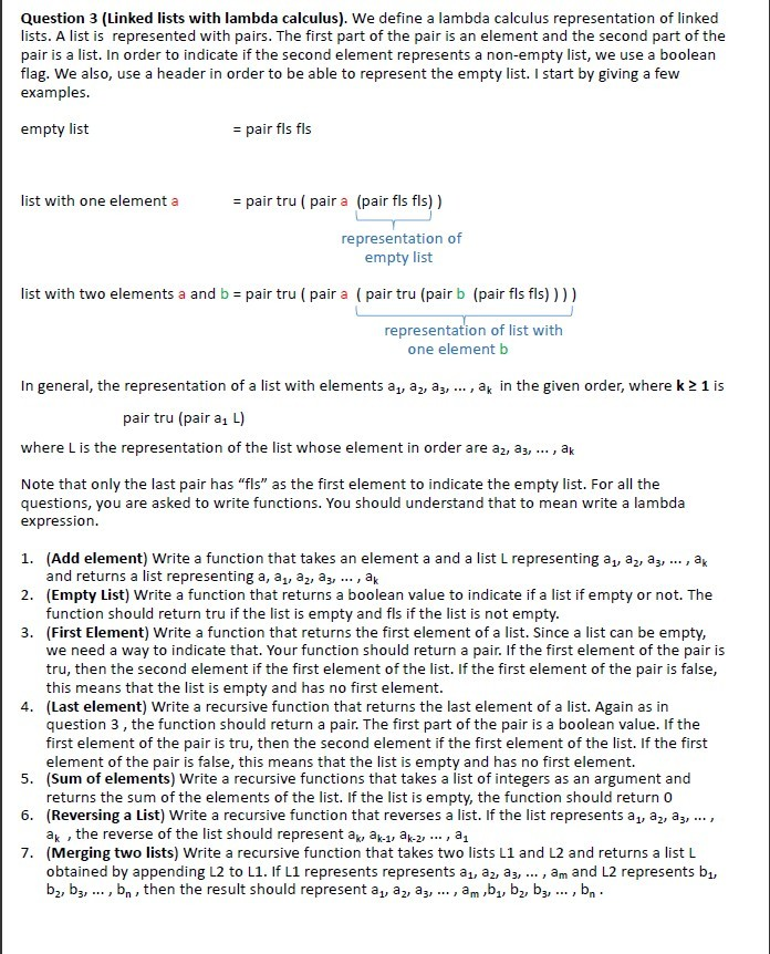 Question 3 (Linked lists with lambda calculus). We | Chegg.com