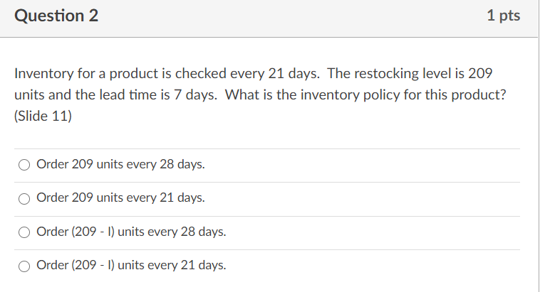 Solved Question 2 1 pts Inventory for a product is checked | Chegg.com