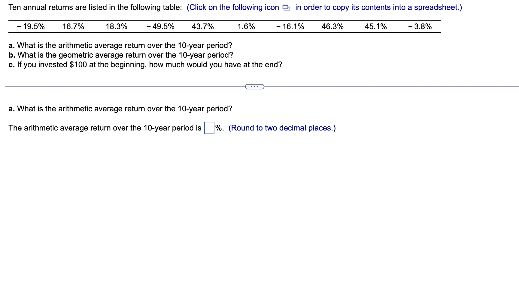 Solved a. What is the arithmetic average return over the 10 | Chegg.com