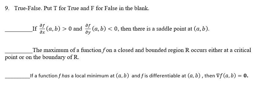 Solved 9. True-False. Put T for True and F for False in the | Chegg.com
