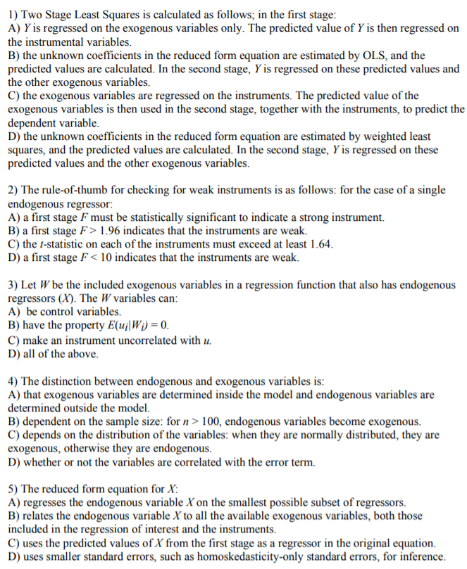 1) Two Stage Least Squares is calculated as follows; | Chegg.com