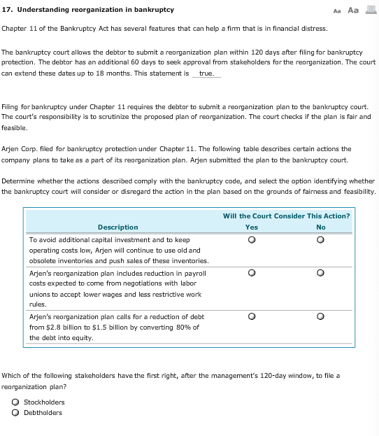 Solved 17. Understanding reorganization in bankruptcy | Chegg.com
