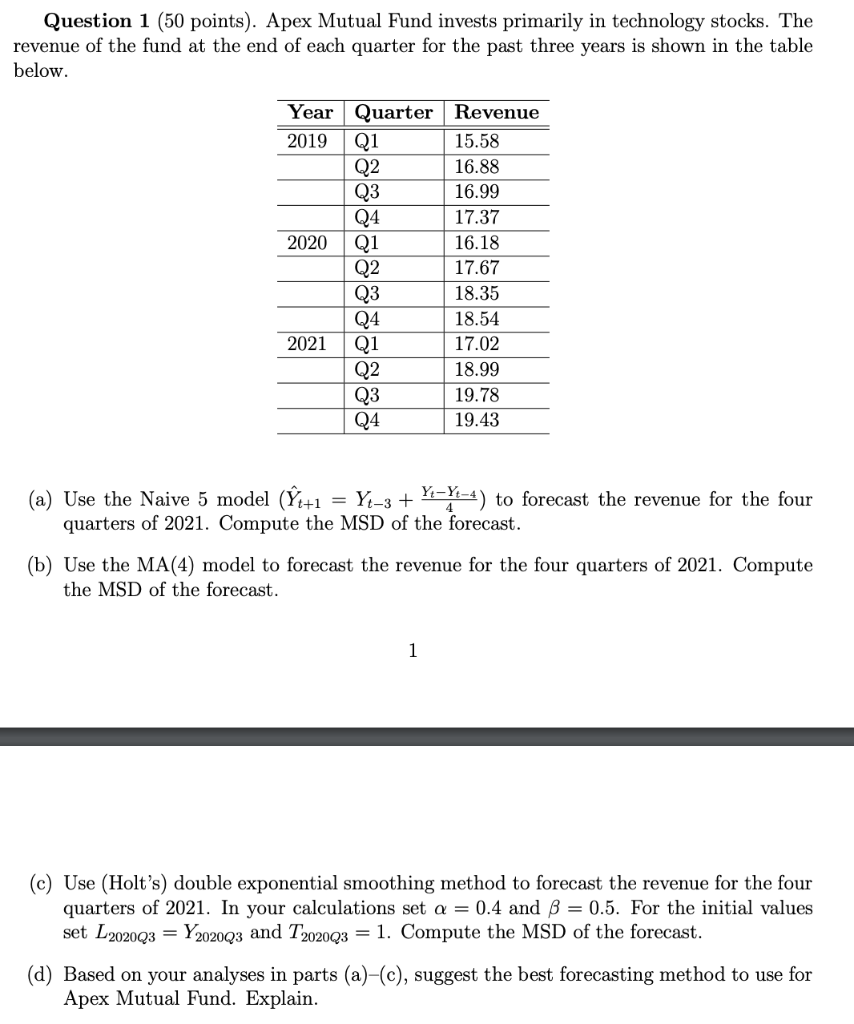 Question 1 (50 points). Apex Mutual Fund invests | Chegg.com