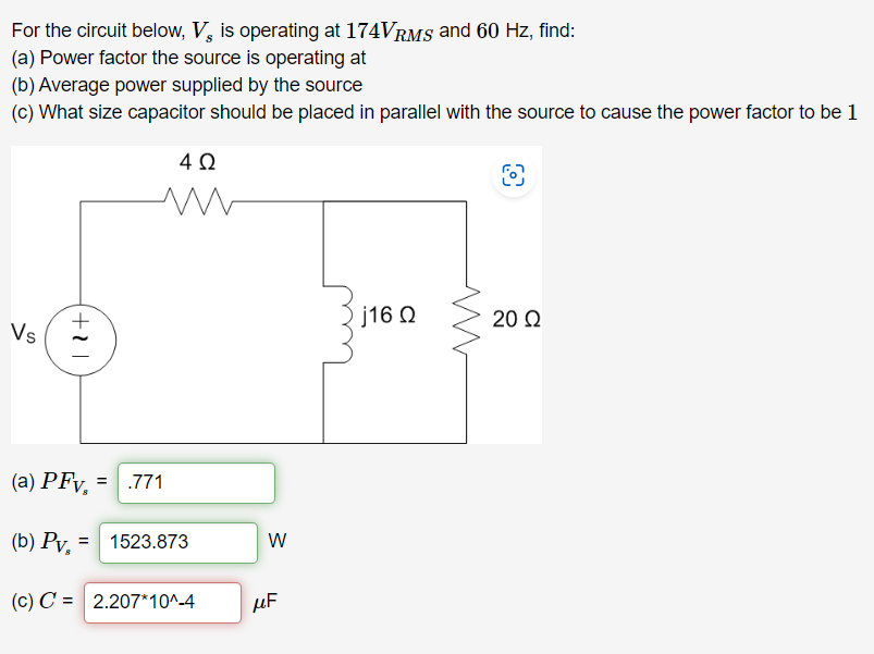 Solved For the circuit below, Vs is operating at 174VRMS and | Chegg.com