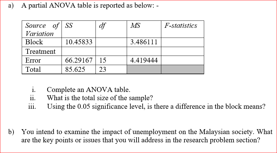 Solved a) A partial ANOVA table is reported as below: - df | Chegg.com