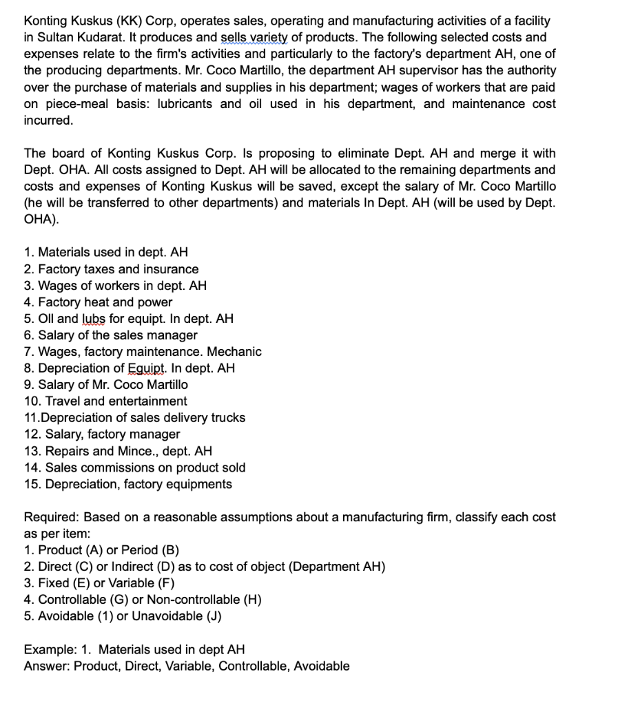 Konting Kuskus (KK) Corp, operates sales, operating | Chegg.com