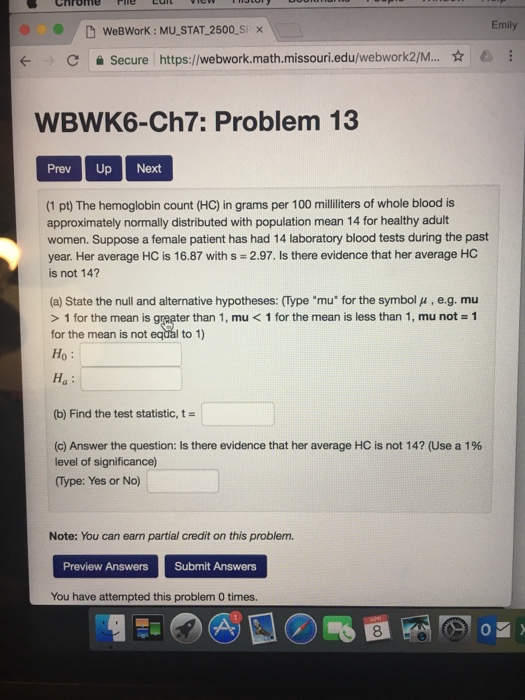 Solved . / D WeBWorK : MU-STAT-2500-SX Emily Secure | Chegg.com