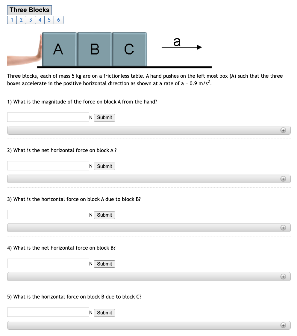 Solved Three blocks, each of mass 5 kg are on a frictionless | Chegg.com