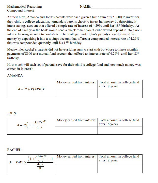 Solved Mathematical Reasoning NAME: Compound Interest At | Chegg.com