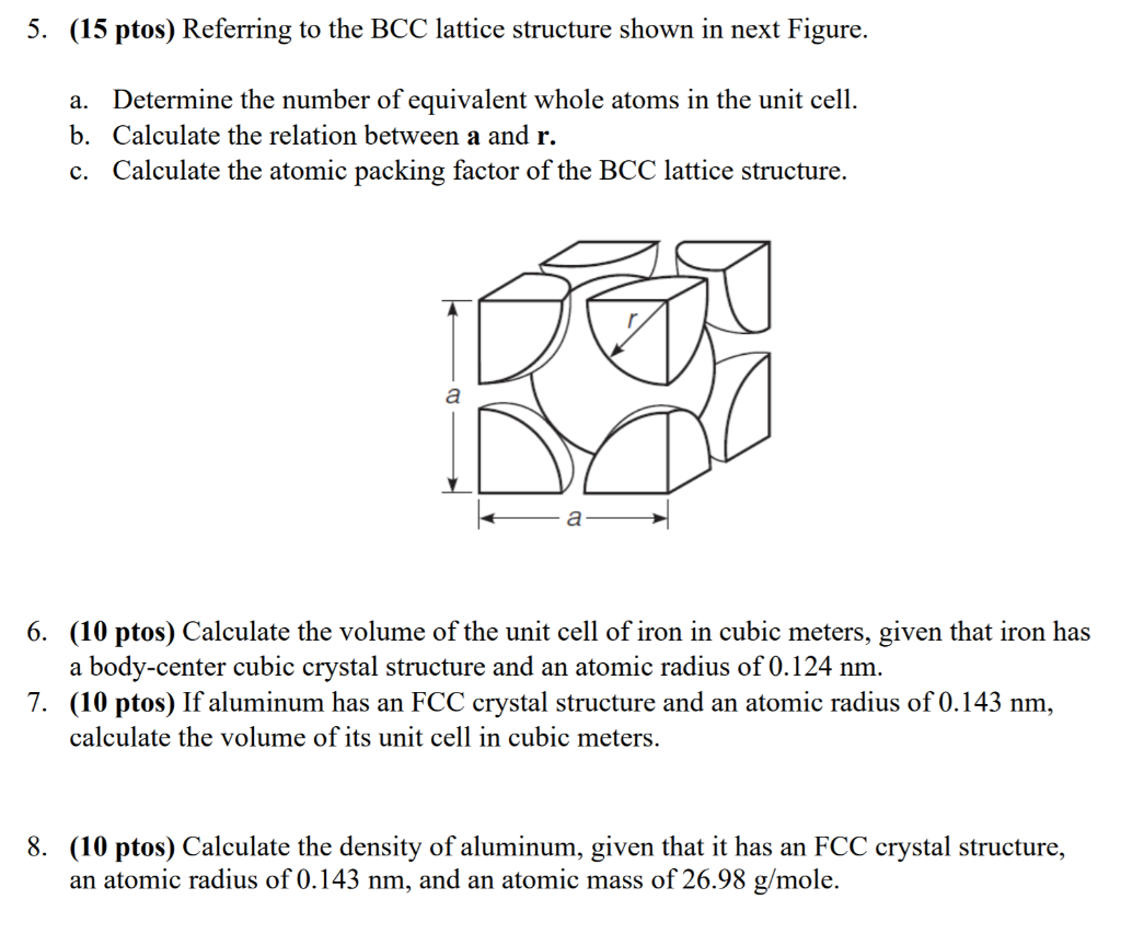 Solved 5. (15 ptos) Referring to the BCC lattice structure | Chegg.com