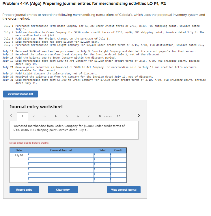 Solved Problem 4-1A (Algo) ﻿Preparing Journal entrles for | Chegg.com