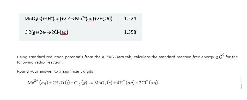 Solved MnO2(s)+4H+(ag)+2e →Mn2+(aq)+2H20(1) 1.224 | Chegg.com