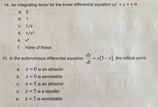 Solved 14. An integrating factor for the linear differential | Chegg.com