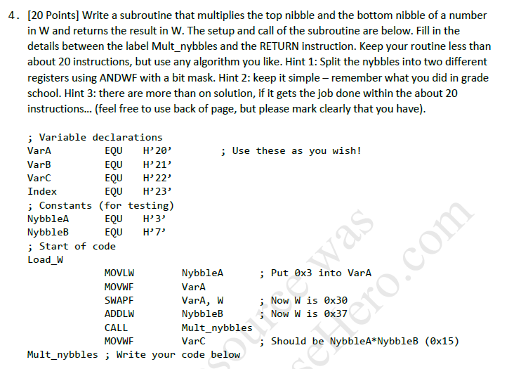 4 [20 Points] Write A Subroutine That Multiplies The