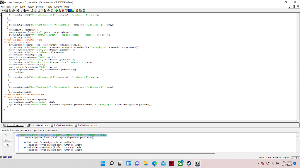 Solved 0 G AccountDriver.java Users\Zach Documents - GRASP | Chegg.com