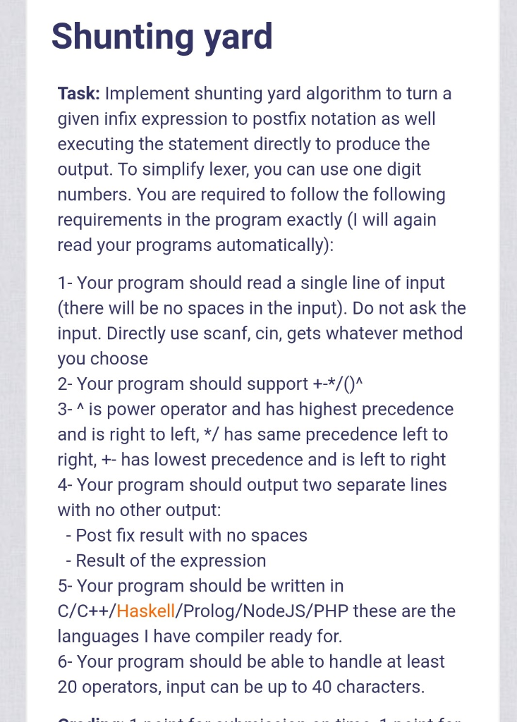 Solved Shunting Yard Task Implement Shunting Yard Algorithm