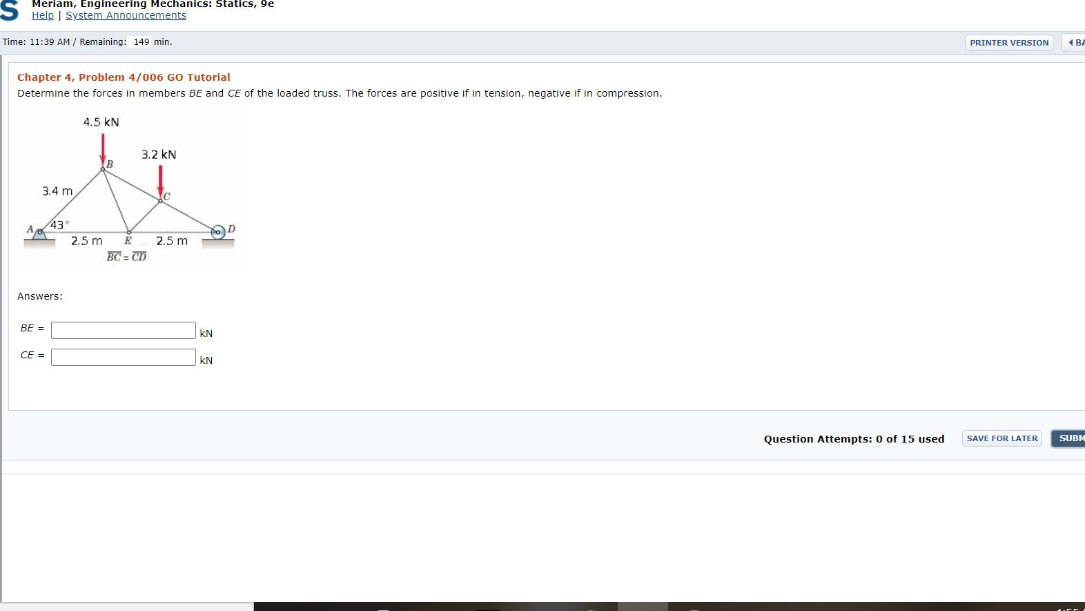 Solved S Meriam, Engineering Mechanics: Statics, 9e Time: | Chegg.com