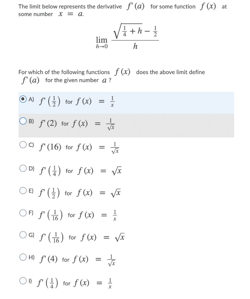 Solved The limit below represents the derivative f'(a) for | Chegg.com