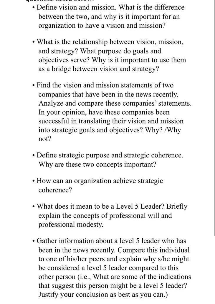 Solved Define Vision And Mission What Is The Difference Chegg