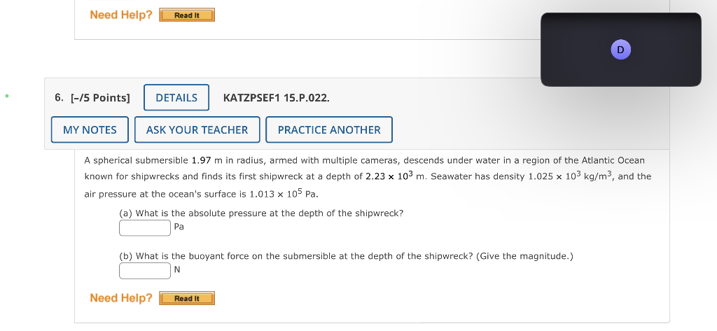 Solved A spherical submersible 1.97 m in radius, armed with | Chegg.com