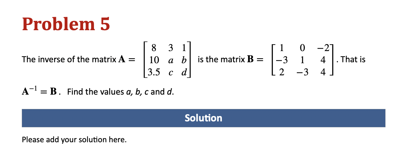 Solved The inverse of the matrix \\( | Chegg.com