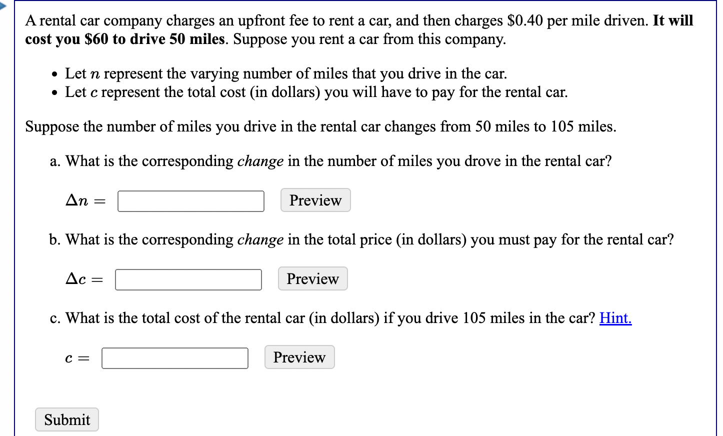 Solved A rental car company charges an upfront fee to rent a | Chegg.com