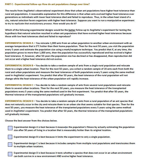 PART C - Experimental follow-up: How do ant | Chegg.com