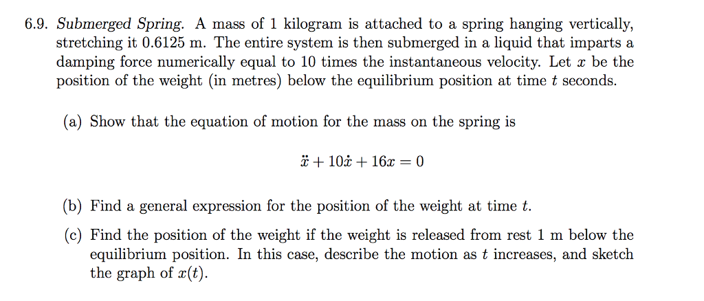 Solved 6.9. Submerged Spring. A mass of 1 kilogram is | Chegg.com