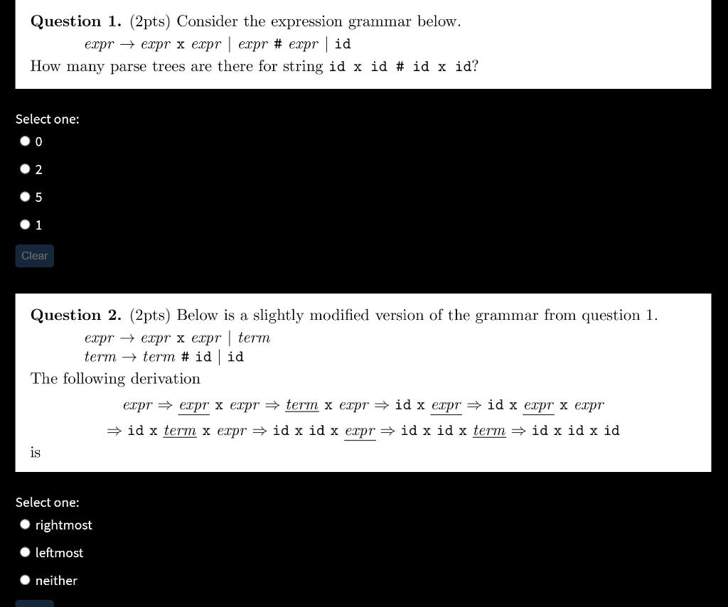 Solved Question 1. (2pts) Consider the expression grammar | Chegg.com