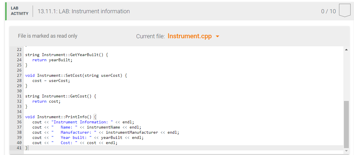Solved 13.11 LAB: Instrument information Given main() and | Chegg.com