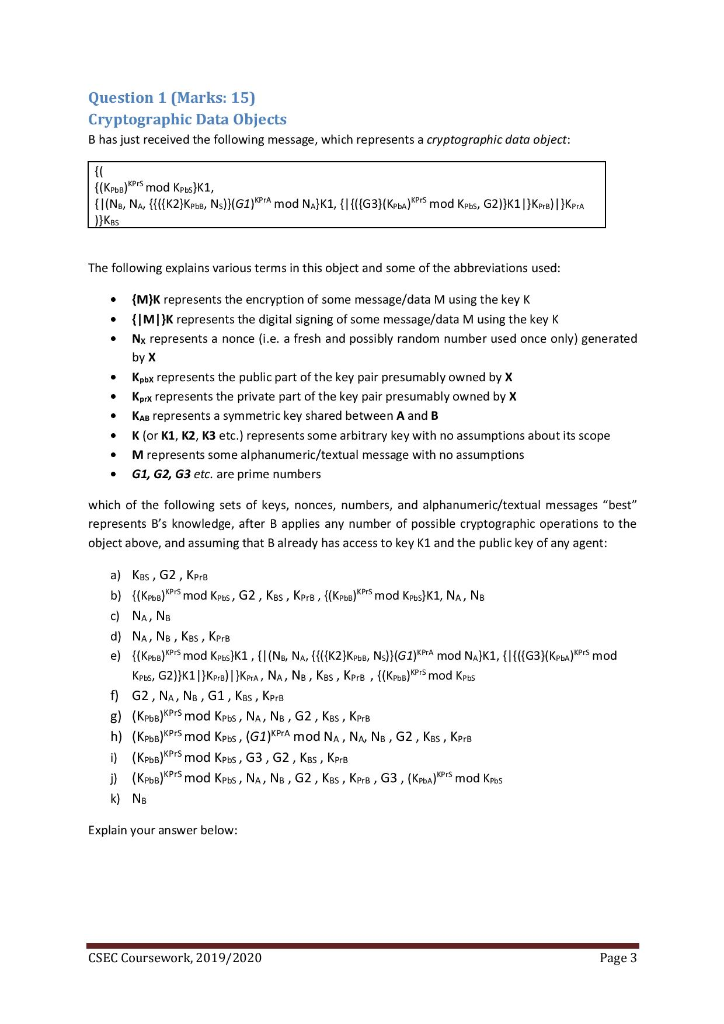 Question 1 (Marks: 15) Cryptographic Data Objects B | Chegg.com