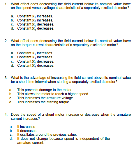 Solved 1. What effect does decreasing the field current | Chegg.com