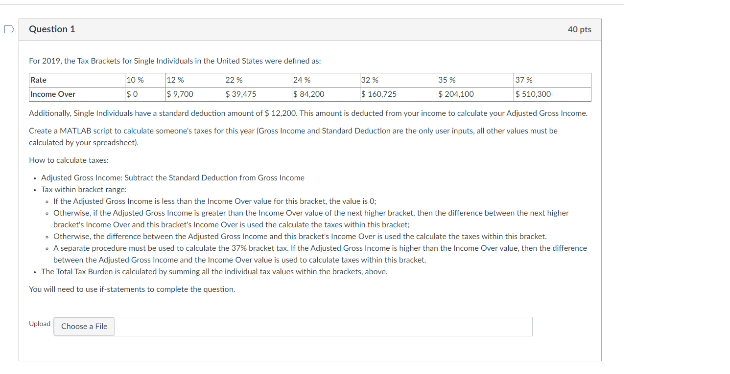 Solved For 2019, the Tax Brackets for Single Individuals in | Chegg.com