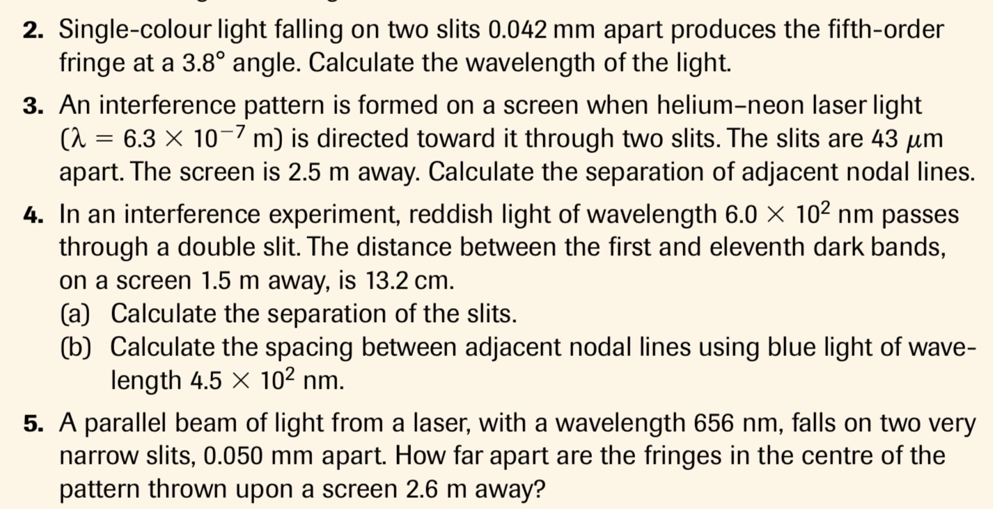 Solved 2. Single-colour light falling on two slits 0.042 mm | Chegg.com